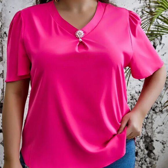 Tops | Pink Blouse Casual V Neck Short Sleeve New | Poshmark